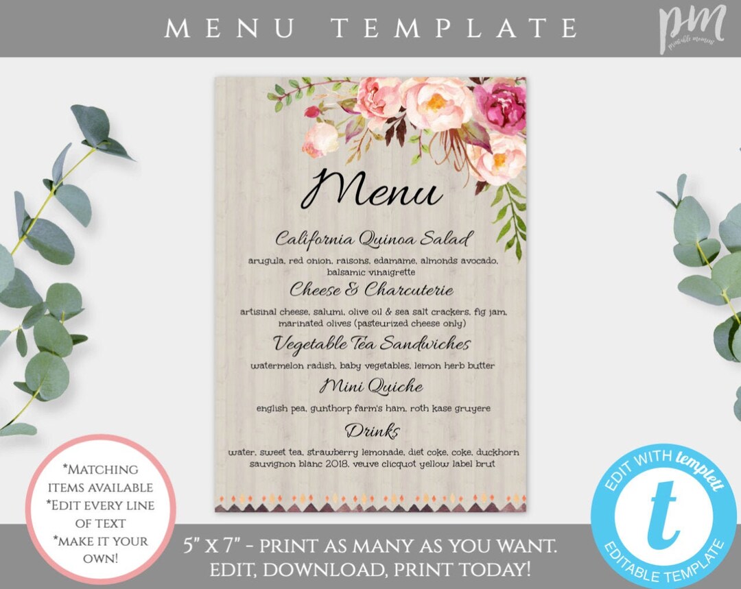 Baptism Menu Template, Printable Christening Menu, Wedding Menu ...