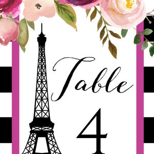PARIS Table Numbers Template, Eiffel Tower Table Number, Pink Floral ...