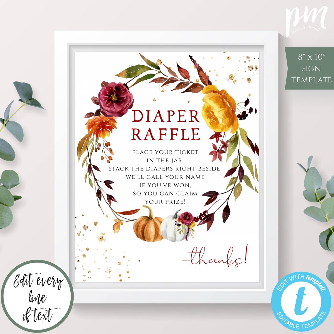 Fall Baby Shower Diaper Raffle Sign Template Editable Pumpkin | Etsy