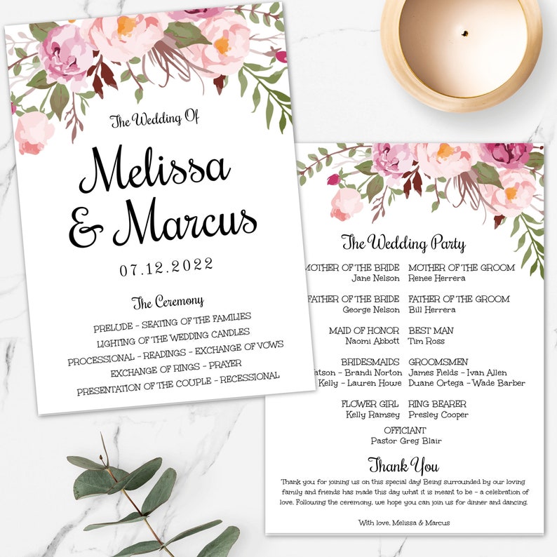 Pink Floral Watercolor Wedding Program Template, DIY Wedding, Program ...