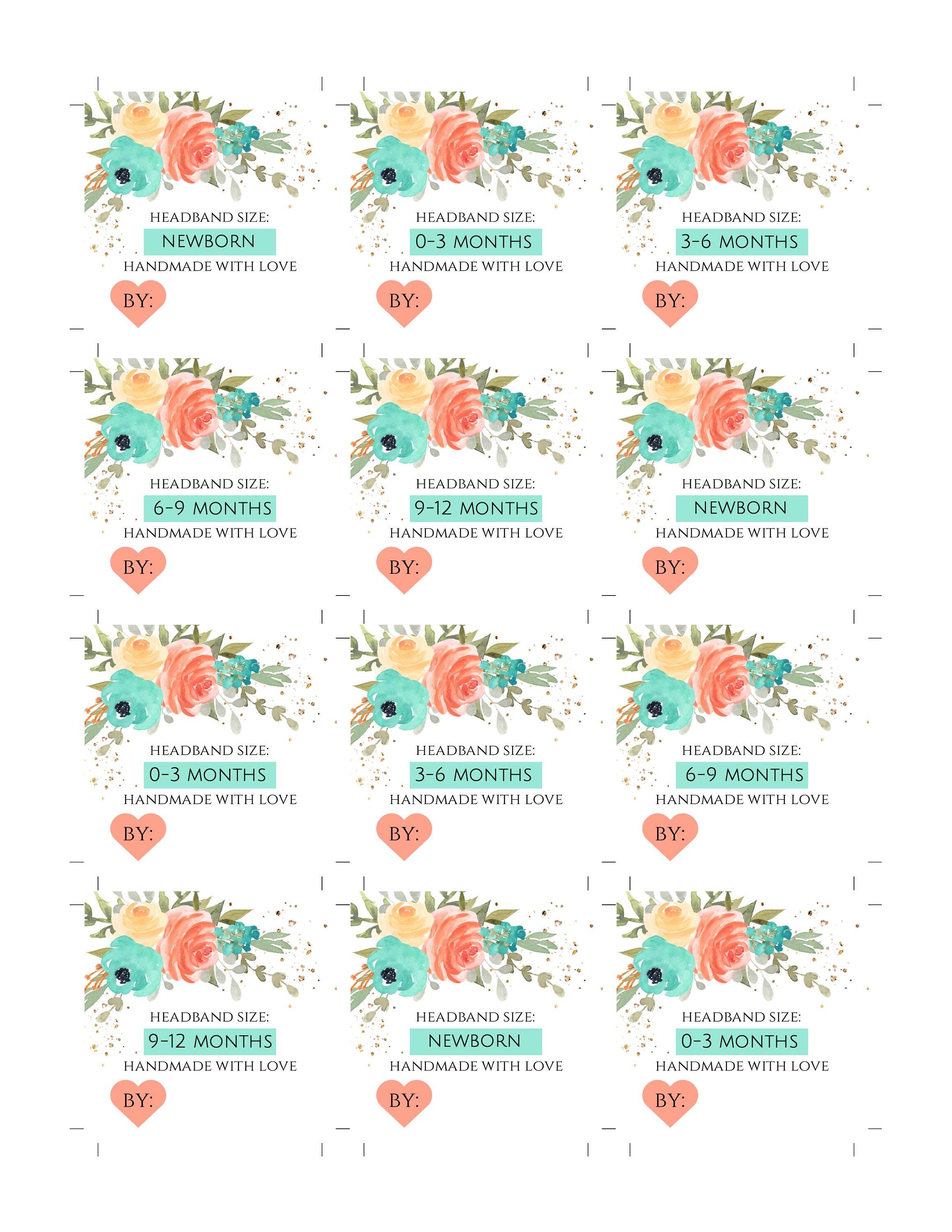 Mint and Coral Headband Tag Template for Baby Shower, Printable ...