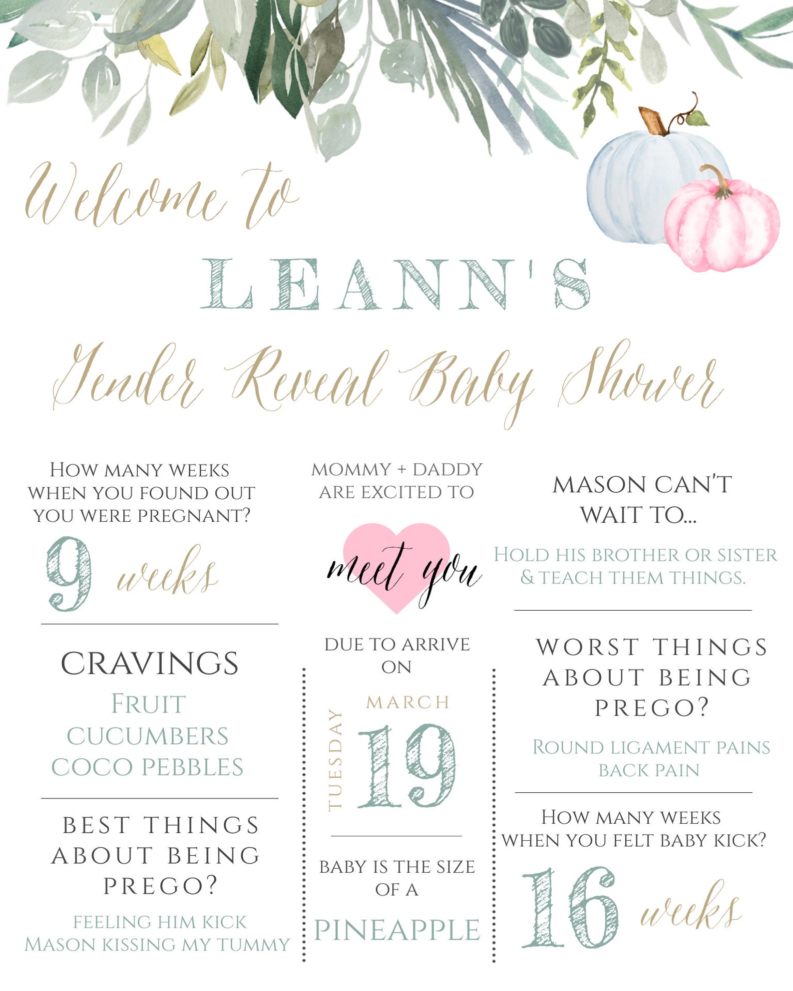 Gender Reveal Pumpkin Pregnancy Stat Board Template Pregnancy | Etsy