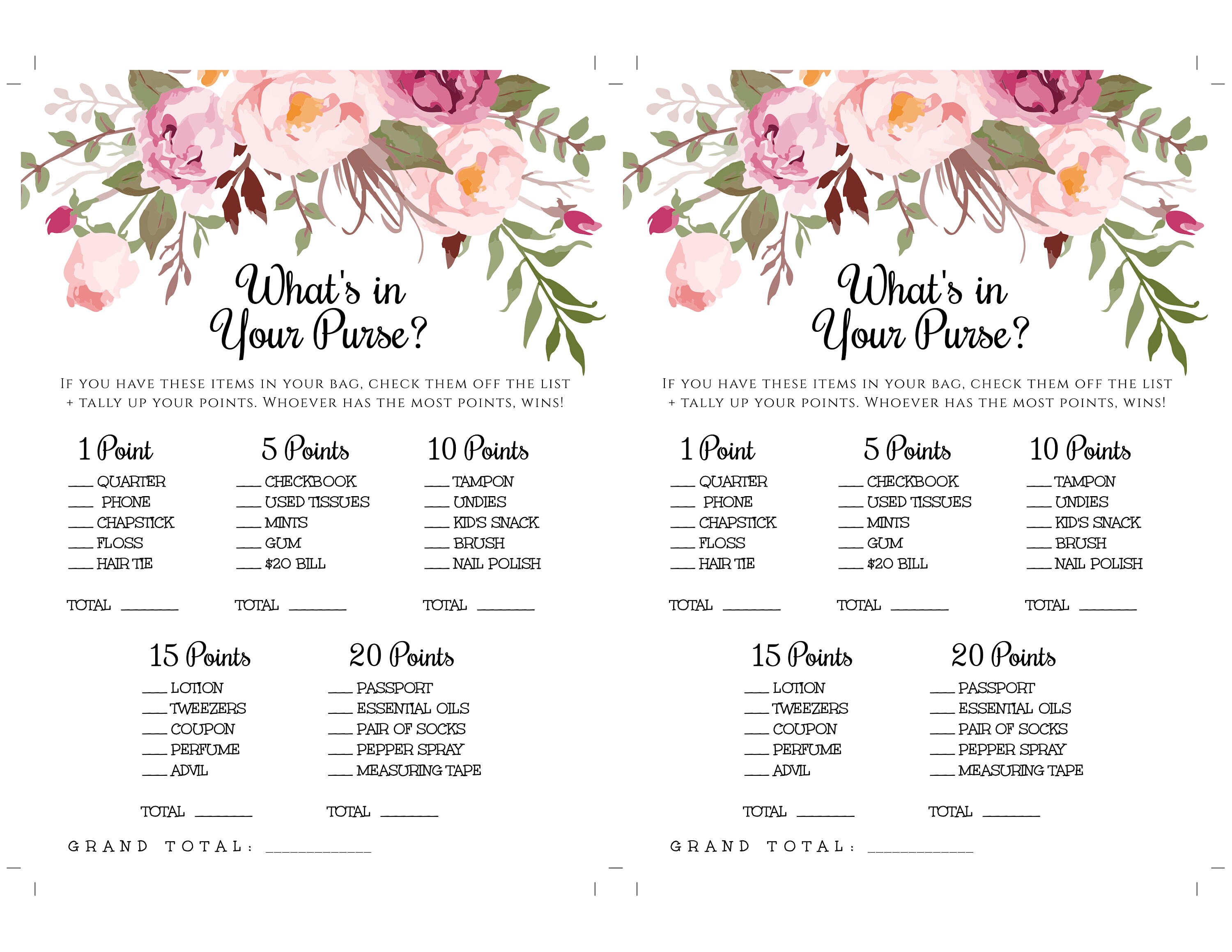 Pink Floral What's in Your Purse Bridal Shower Game | Etsy