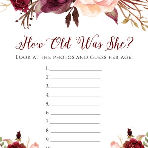 Guess the Age Game, Burgundy Bridal Shower Activity, Editable How Old ...
