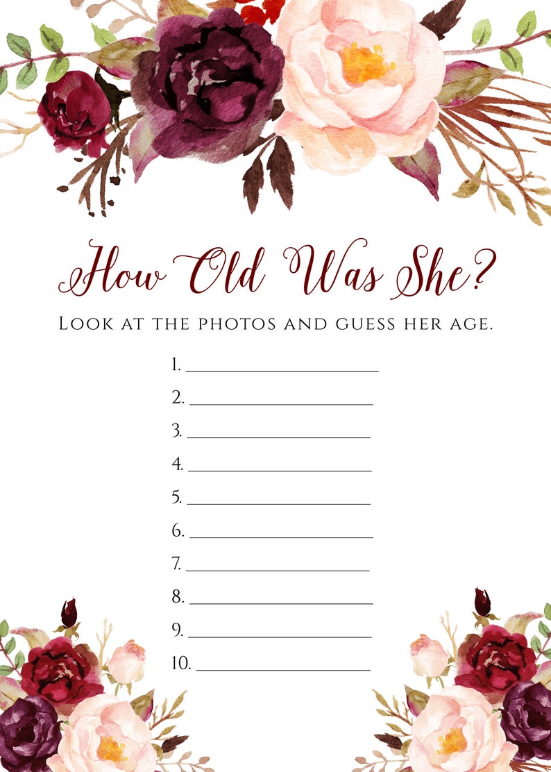 Guess the Age Game Burgundy Bridal Shower Activity Editable | Etsy