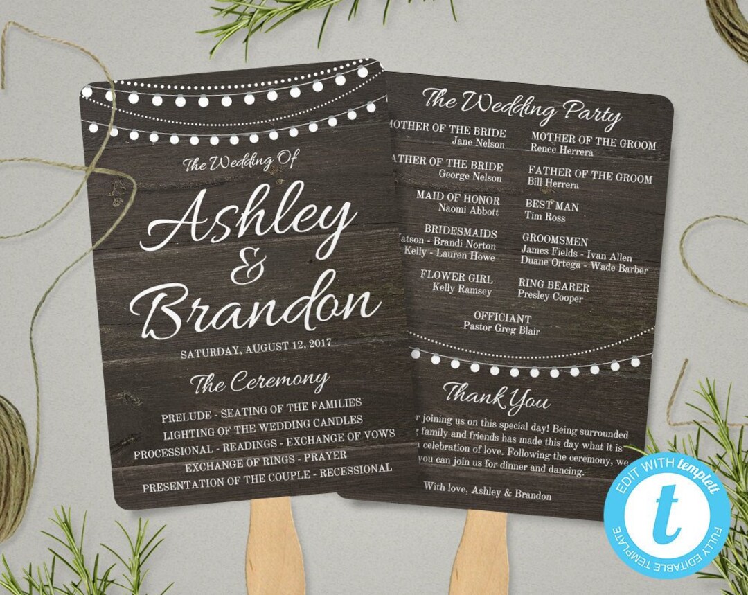 Rustic Wedding Program Fan Template With String Lights, Ceremony ...