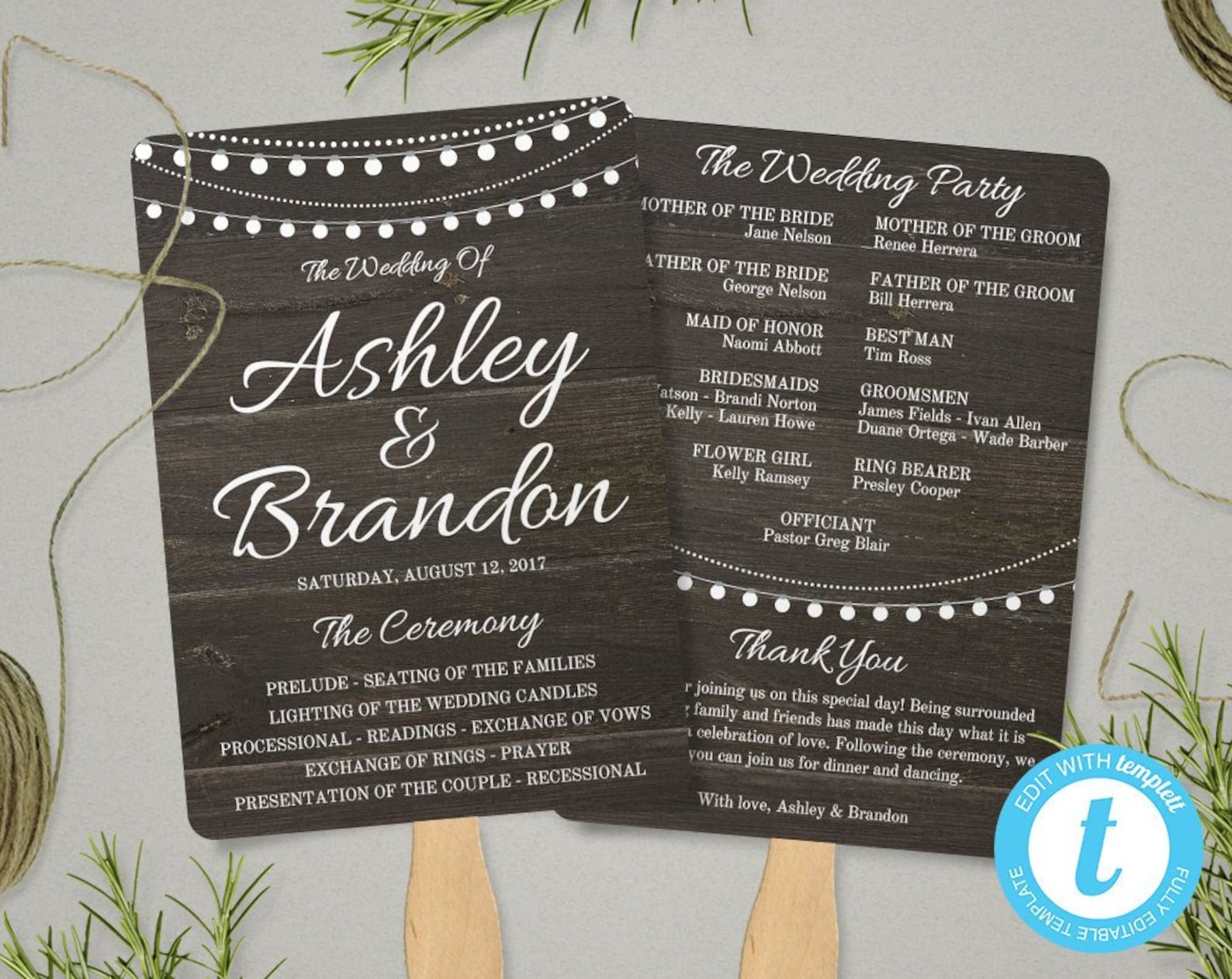 Rustic Wedding Program Fan Template With String Lights, Ceremony ...