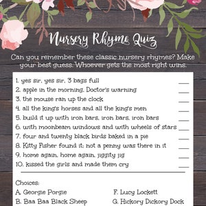 Nursery Rhyme Quiz Template, Rustic Floral Baby Shower Game, Instant ...