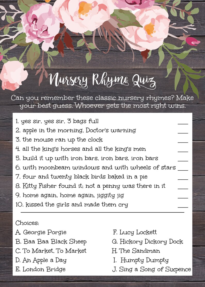 Nursery Rhyme Quiz Template Rustic Floral Baby Shower Game - Etsy