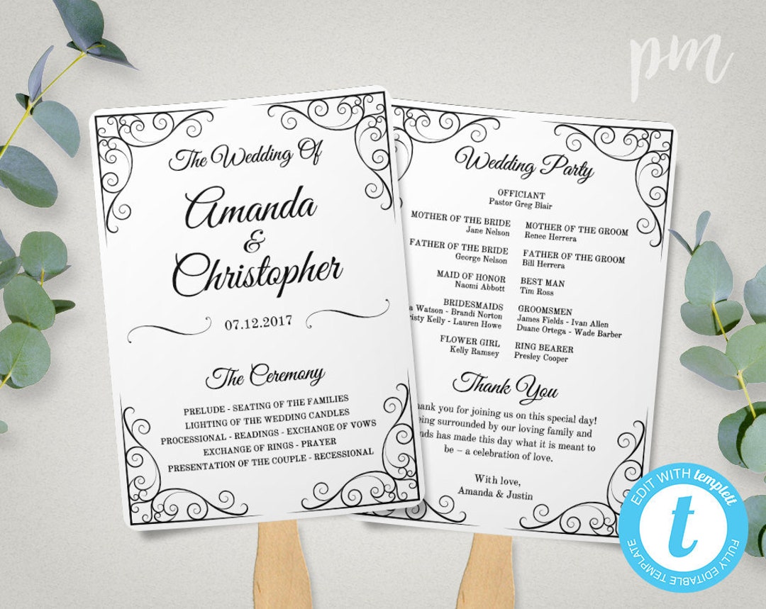 Vintage Wedding Program Fan Template, DIY Fan Wedding Program Instant ...