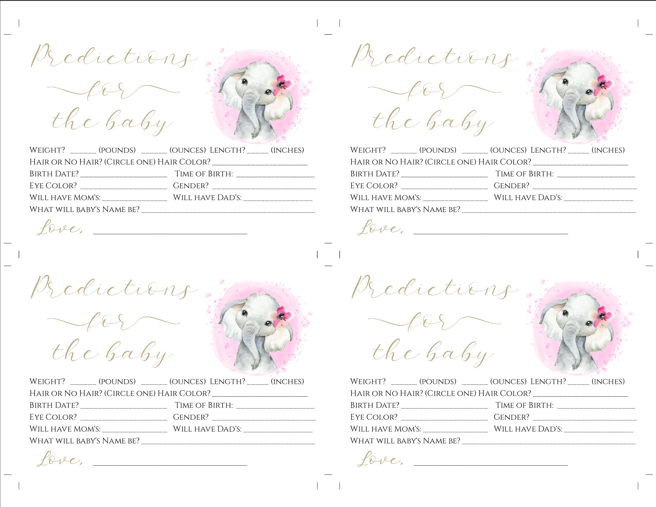 Pink Elephant Baby Shower Keepsakes Wishes for Baby Advice | Etsy