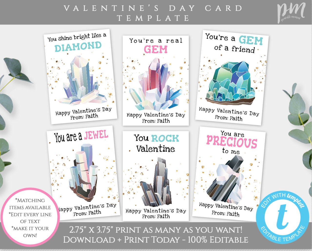 Gem Valentines Day Card Template Jewel Valentines Cards for - Etsy