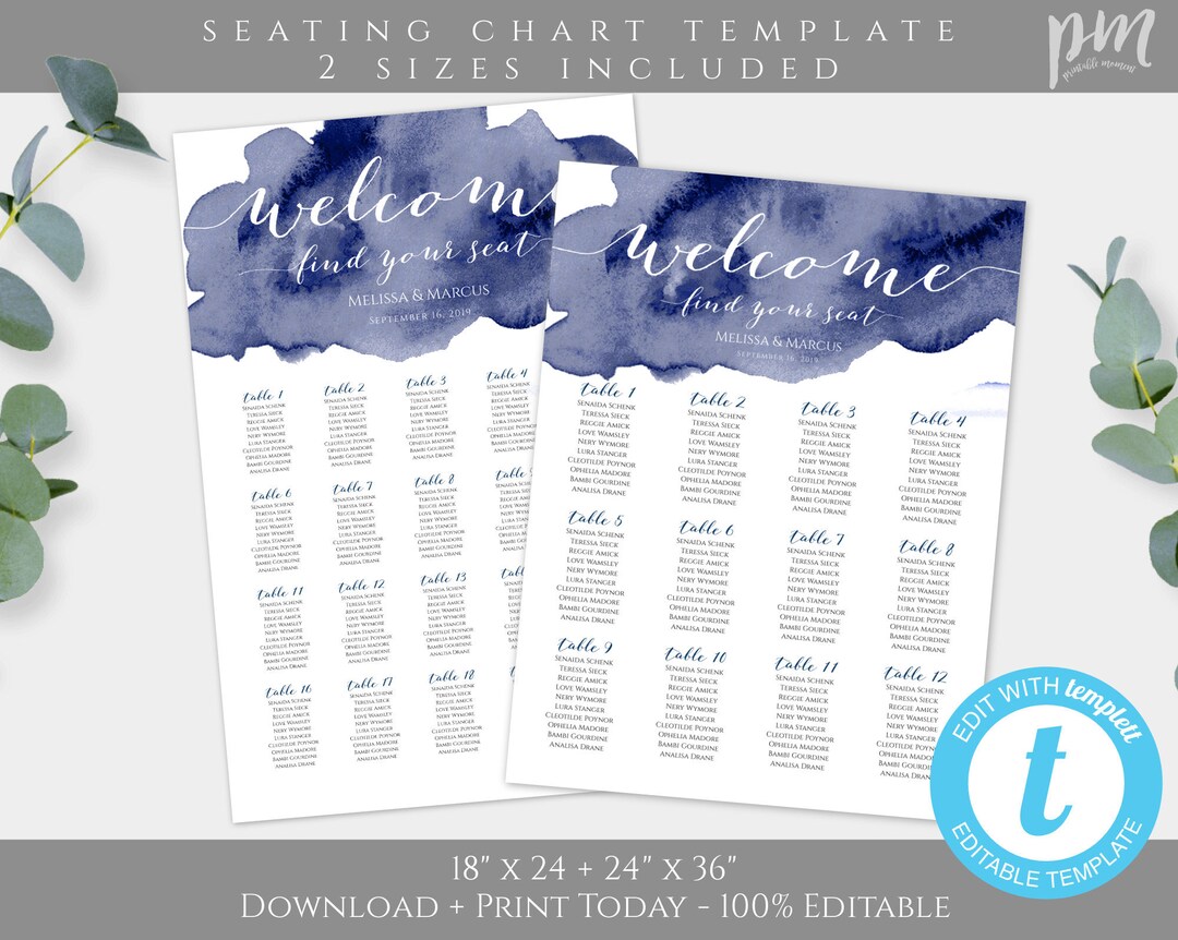 Navy Blue Watercolor Wedding Seating Chart Template, DIY Editable ...