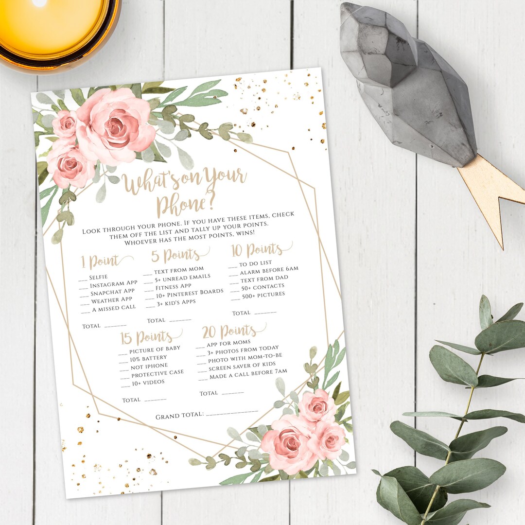 Whats on Your Phone Game Template, Pink Floral Printable Baby Shower ...
