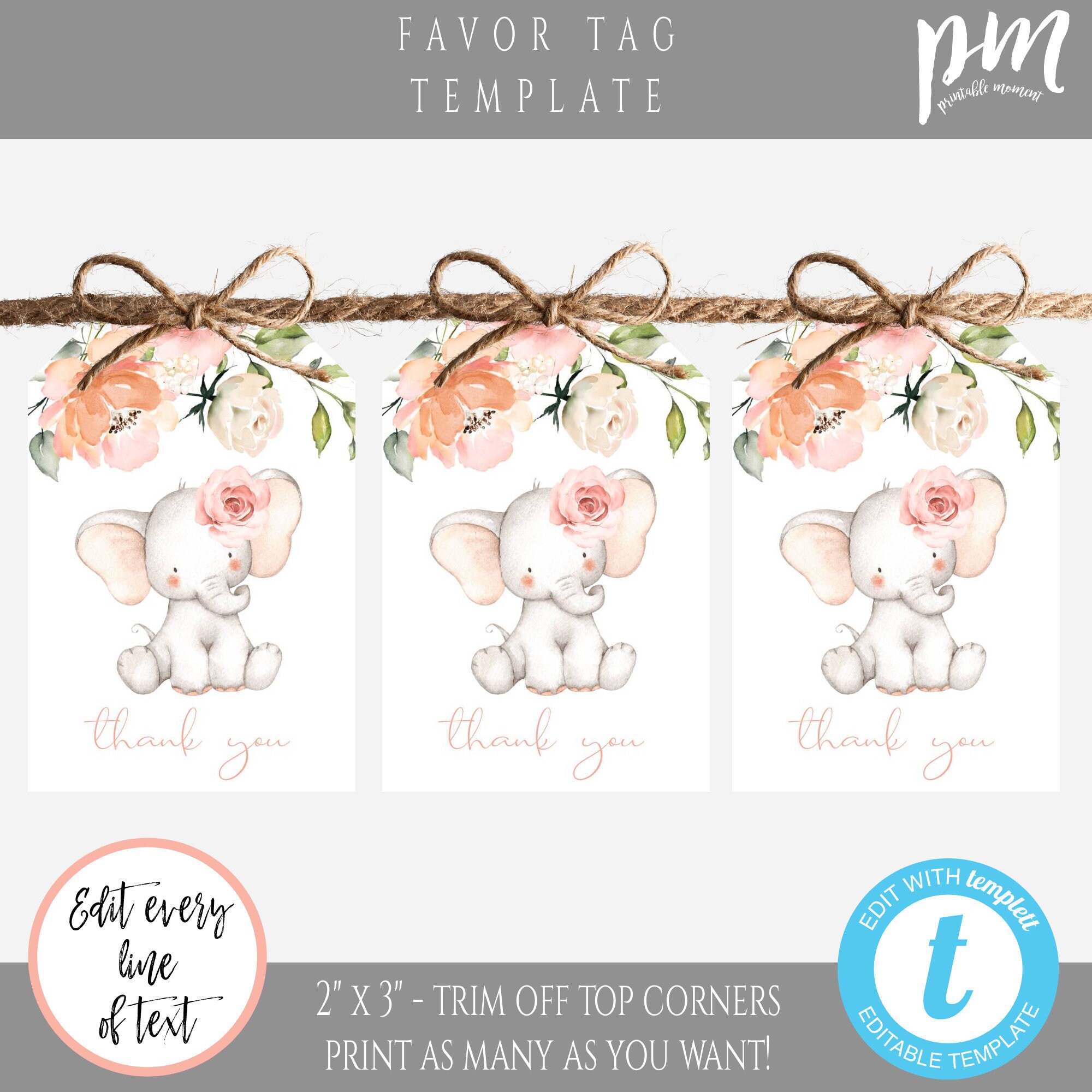 Girl Elephant Favor Tags Template Gift Tag Printable Tag | Etsy
