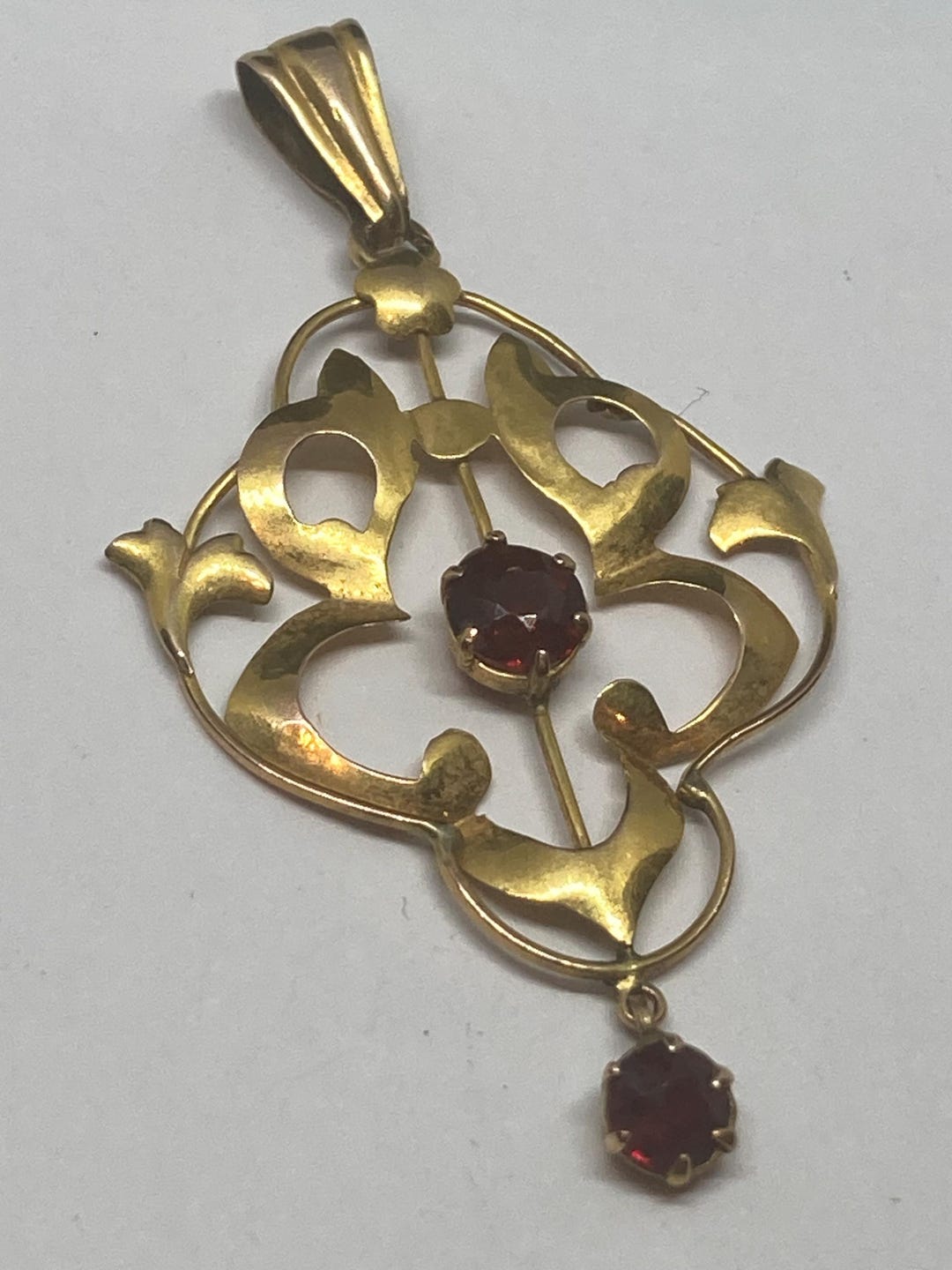 Striking Antique Edwardian 9ct Yellow Gold and Double Garnet Lavalier ...
