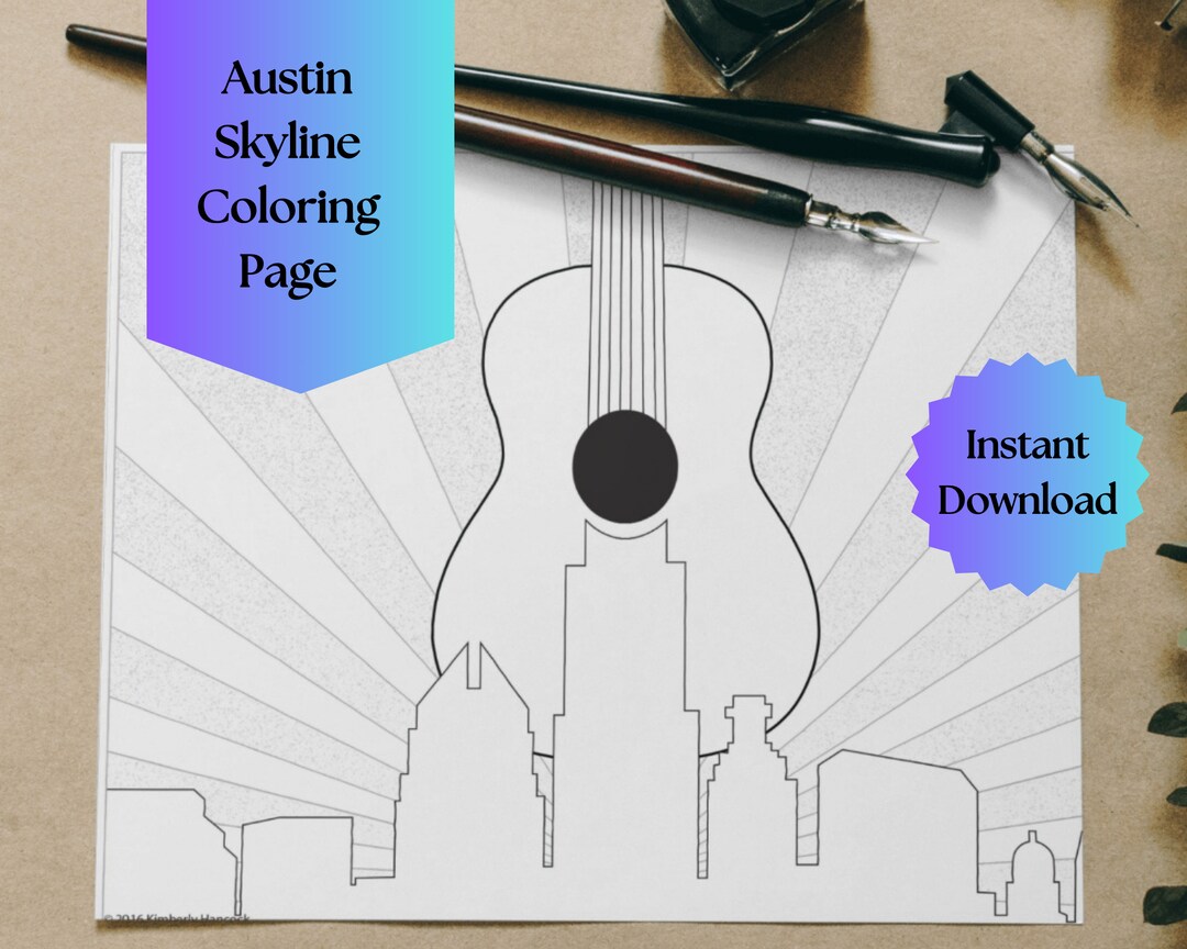 Printable Austin Skyline Coloring Page | Guitar Skyline Art | Unique ...