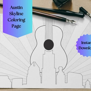 Printable Austin Skyline Coloring Page | Guitar Skyline Art | Unique ...