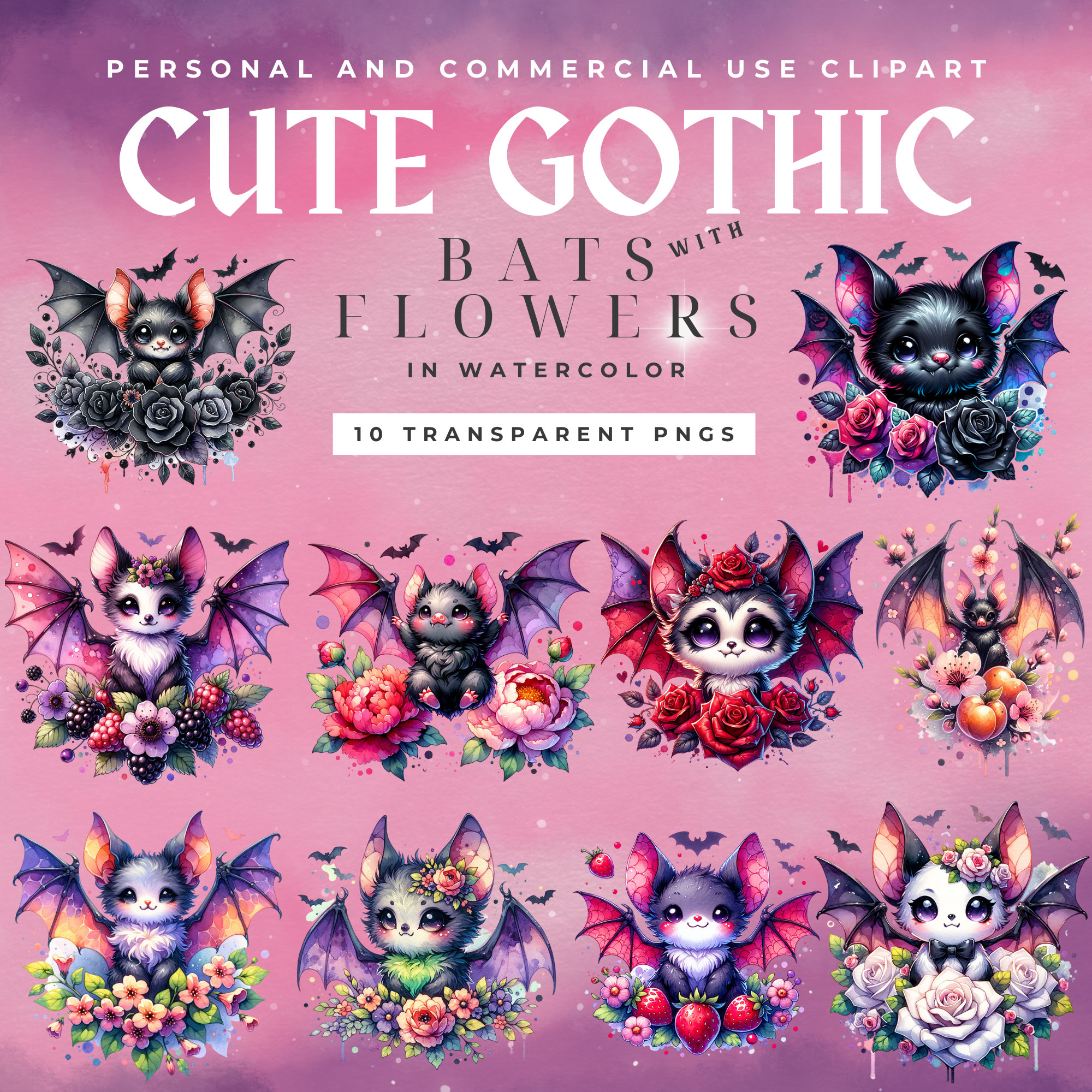 Cute Gothic Bats With Flowers | 10 High-quality Designs | Kids' Story ...