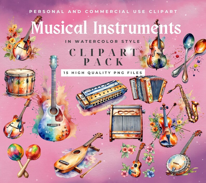 Musical Instrument Clipart Pack - 15 High-quality PNG Files - Perfect ...