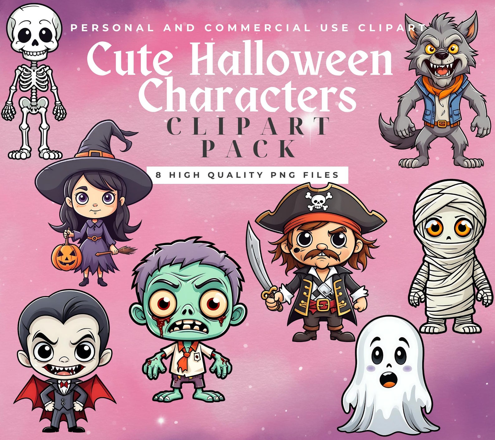 Cute Halloween Characters Clipart Pack - 8 Adorable High-quality PNG ...
