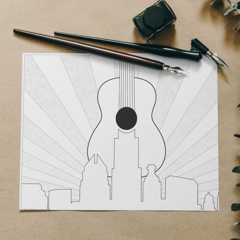 Printable Austin Skyline Coloring Page | Guitar Skyline Art | Unique ...