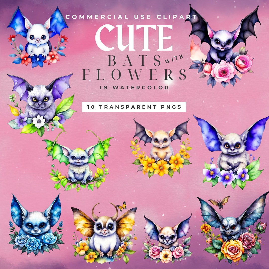 Cute Bats With Colorful Flowers Clipart | 10 High-quality Designs ...