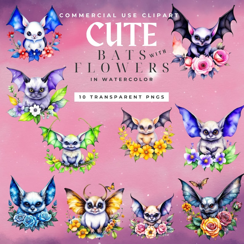 Watercolor Bats With Flowers Clipart | Kids Story Art (digital Download ...
