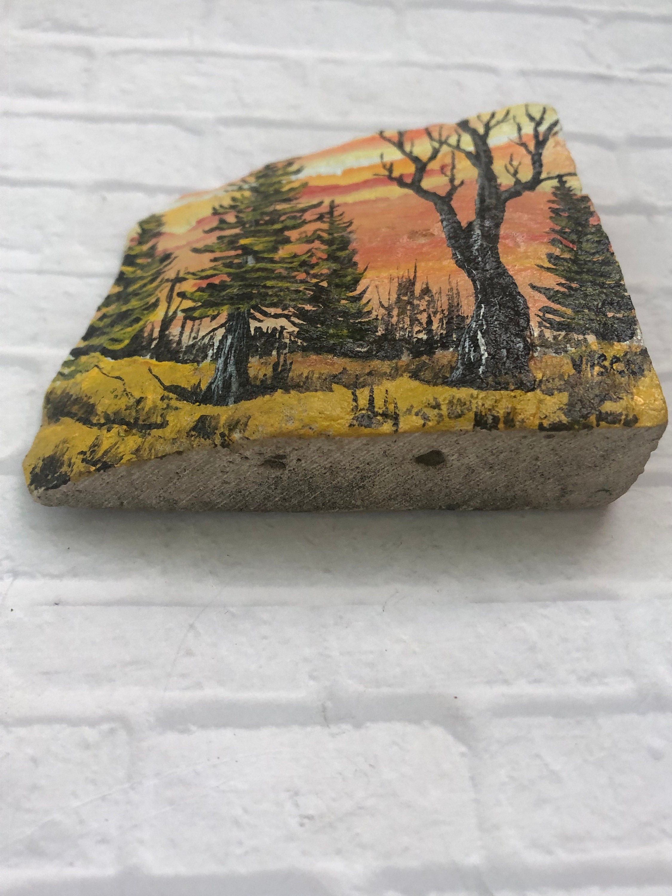 Original Stone Painting of a Forest Scenery in Sunset, Acrylic ...
