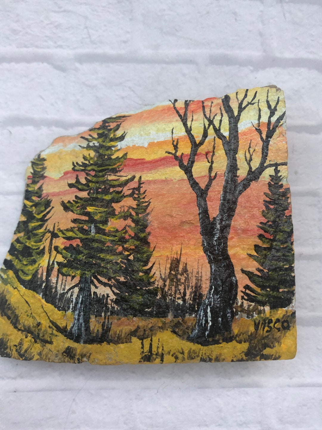 Original Stone Painting of a Forest Scenery in Sunset, Acrylic ...