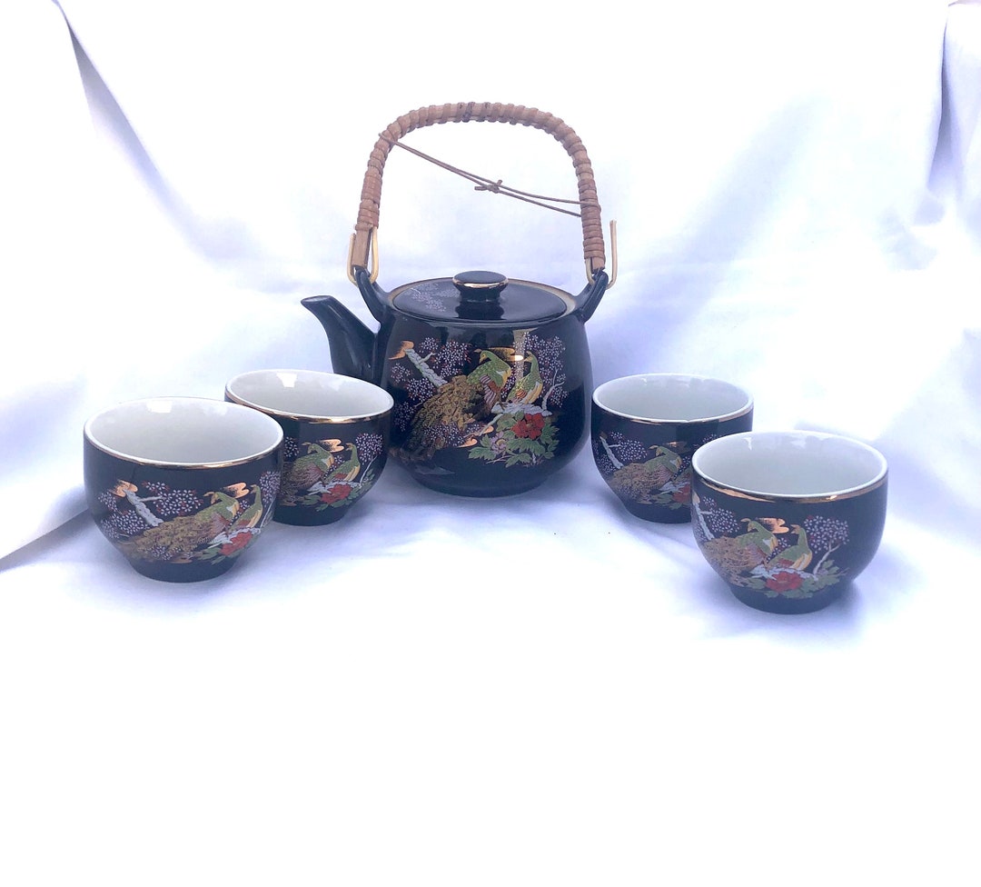 Vintage Japan Tea Set Saki Black Teapot 4 Cups Peacock With Gold ...