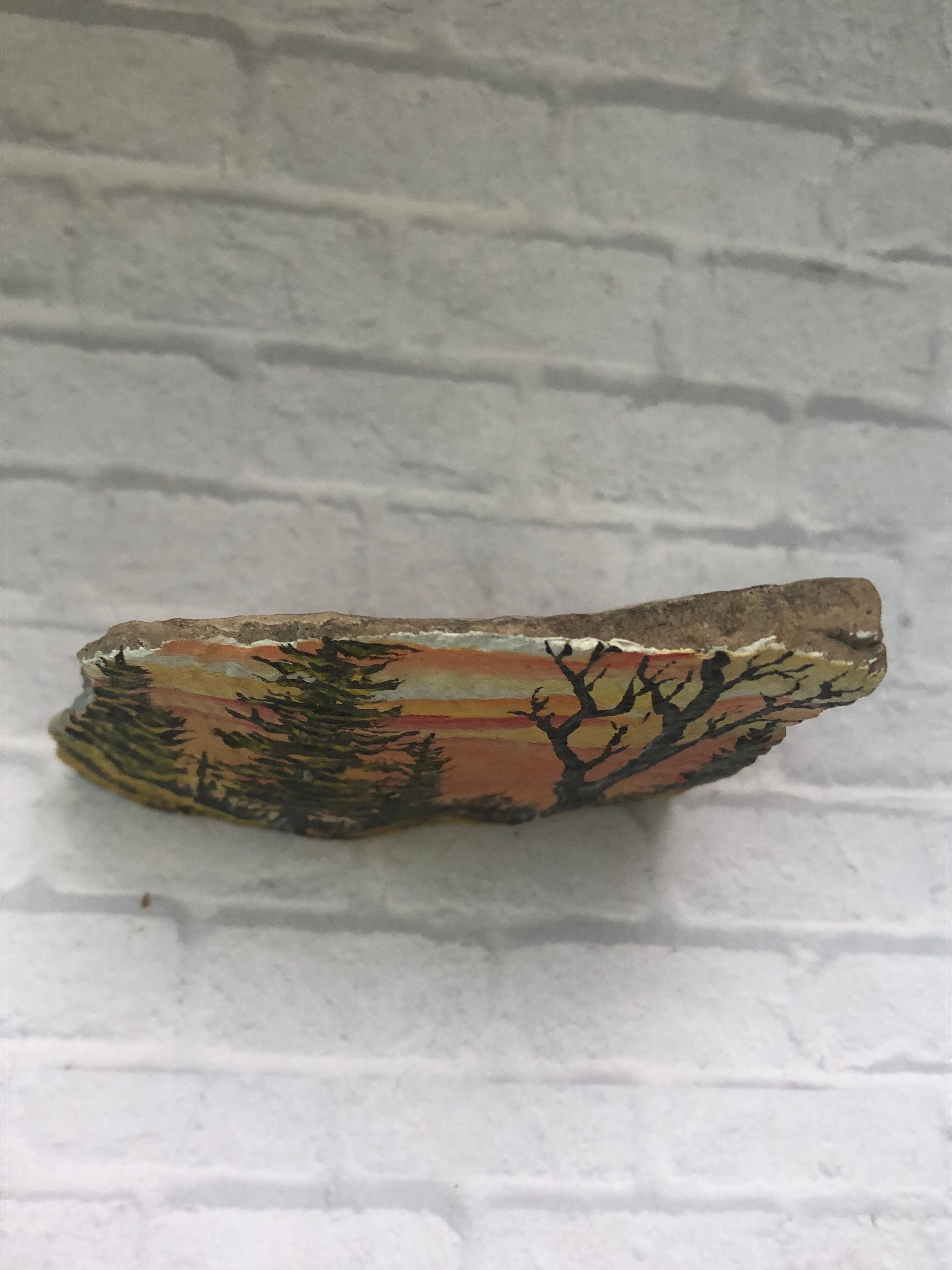 Original Stone Painting of a Forest Scenery in Sunset, Acrylic ...