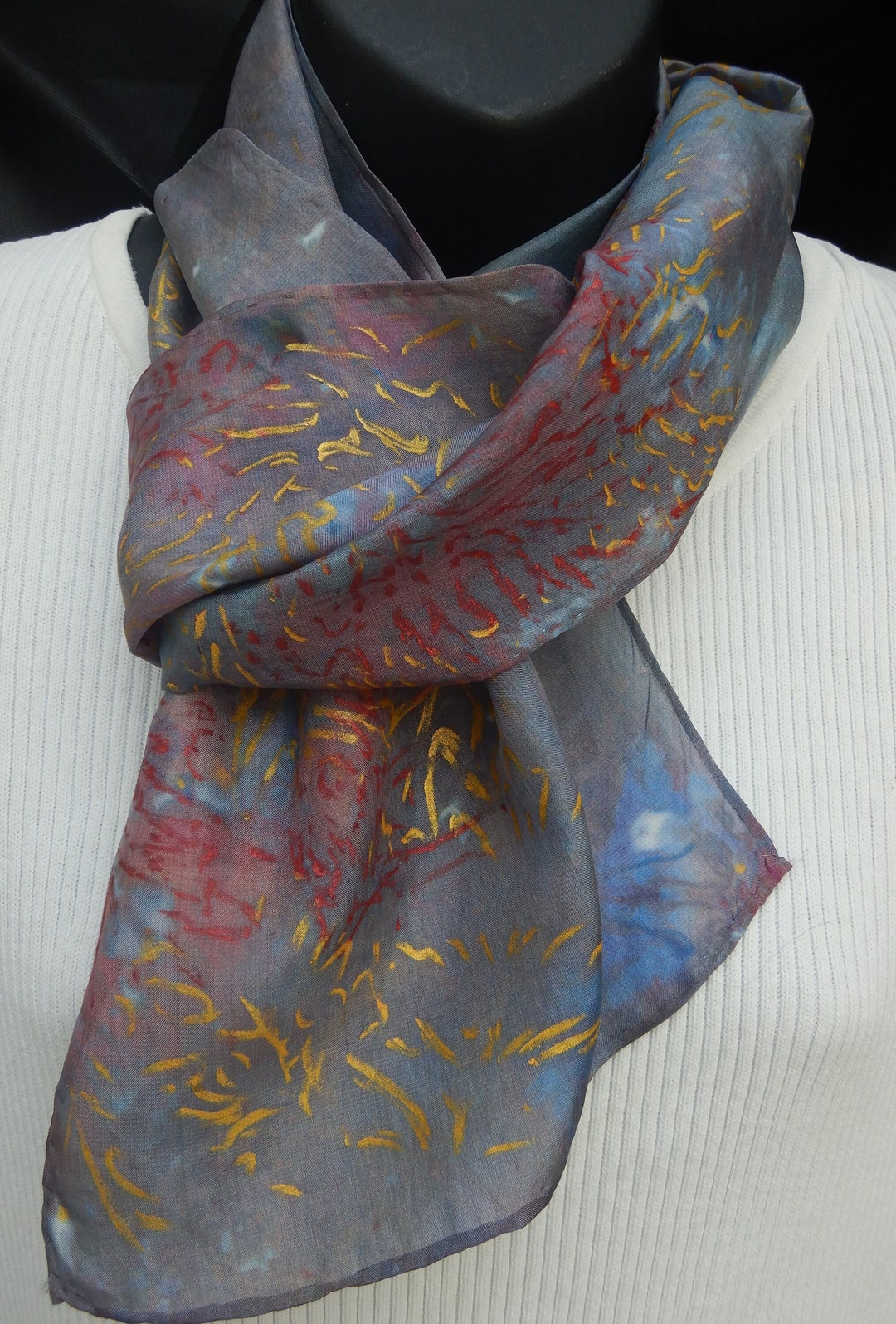 Silk Scarf Hand-dyed: Coral Reef Design, Blue Gray Red Gold, 8x54 - Etsy