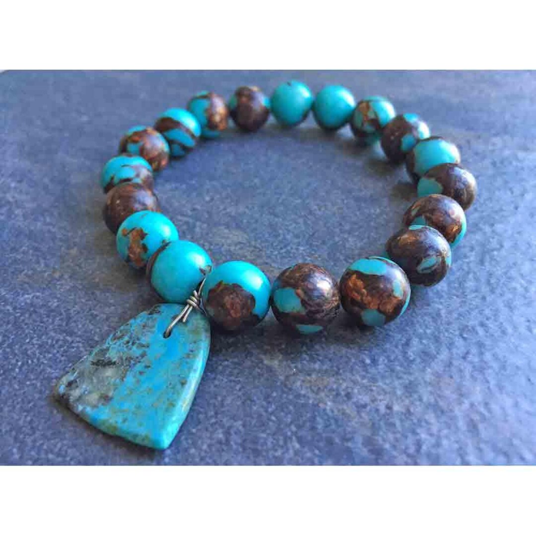 Single Strand Turquoise Bronze Jasper Stretchable Bracelet, Turquoise ...