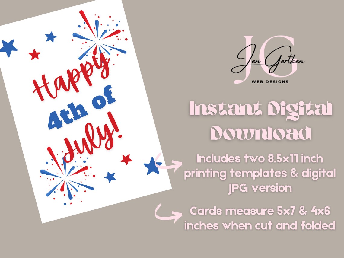 Printable 4th of July Card, Instant Download PDF, DIY Card, 4x6 and 5x7 ...