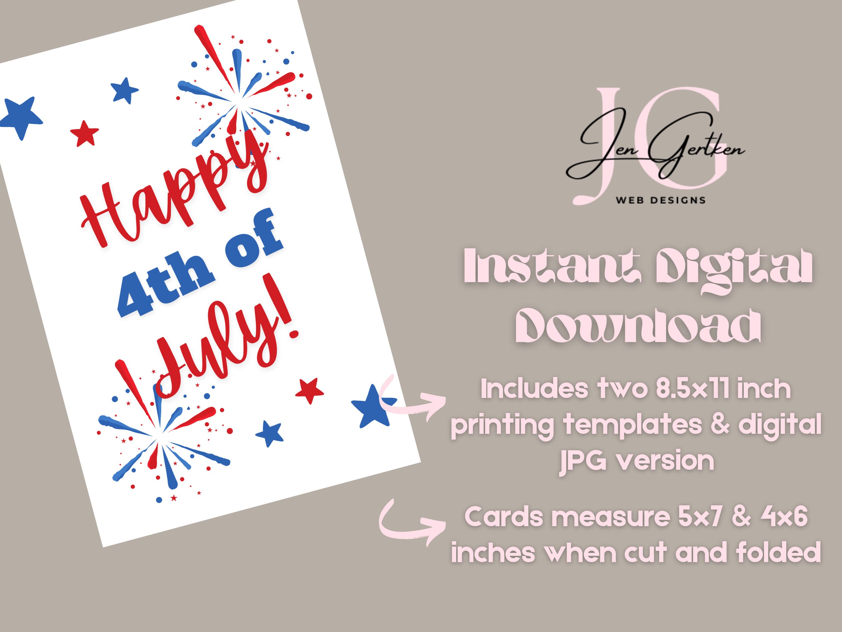 Printable 4th of July Card, Instant Download PDF, DIY Card, 4x6 and 5x7 Cards, Happy 4th of July ...