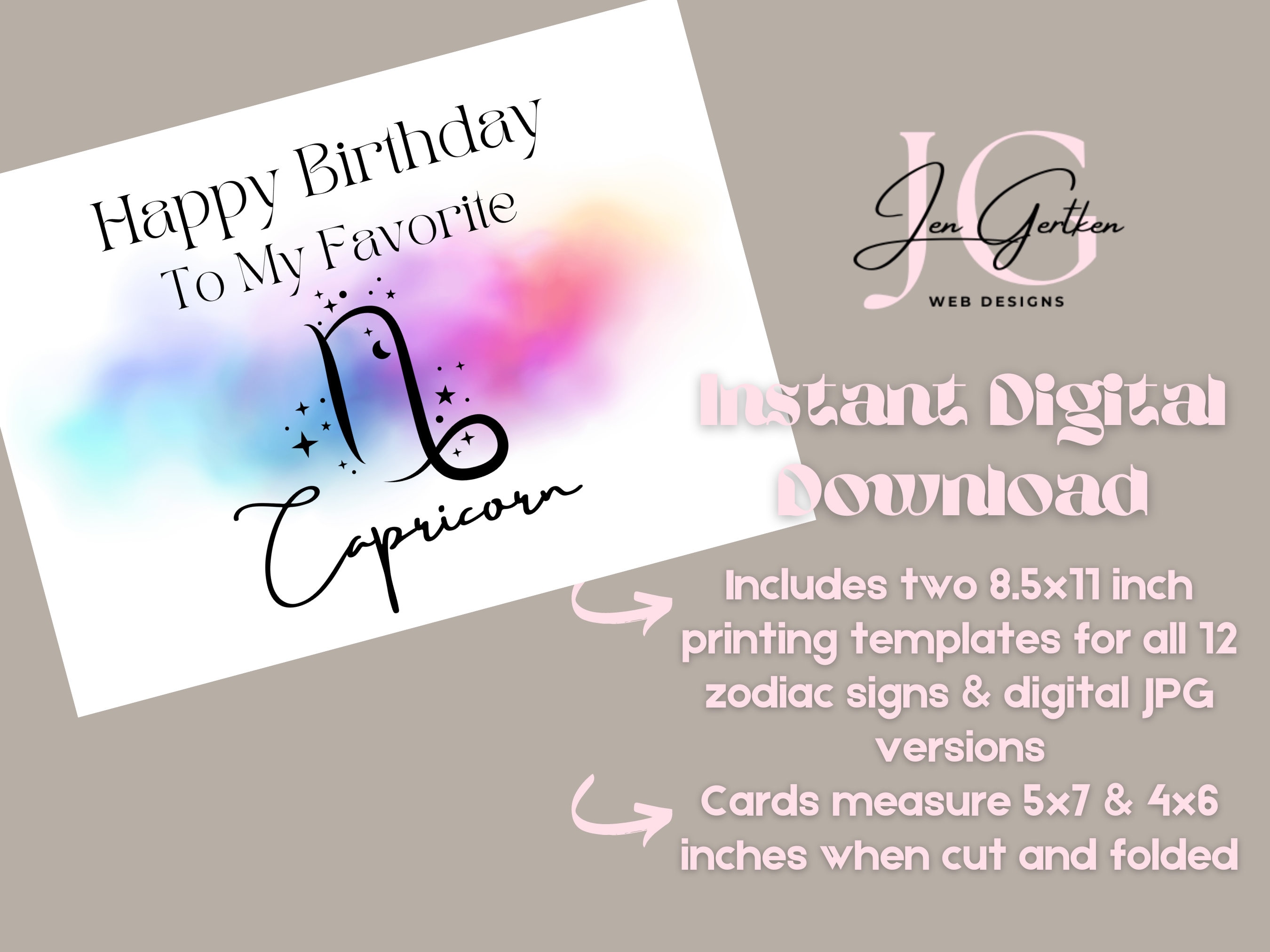 12 Zodiac Signs Birthday Card Bundle, Zodiac Birthday Cards, Printable ...