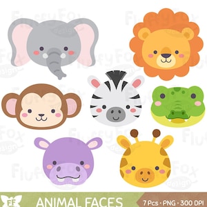 Safari Animals Faces Clipart, Wildlife Heads Clip Art, Wild Cute Lion ...