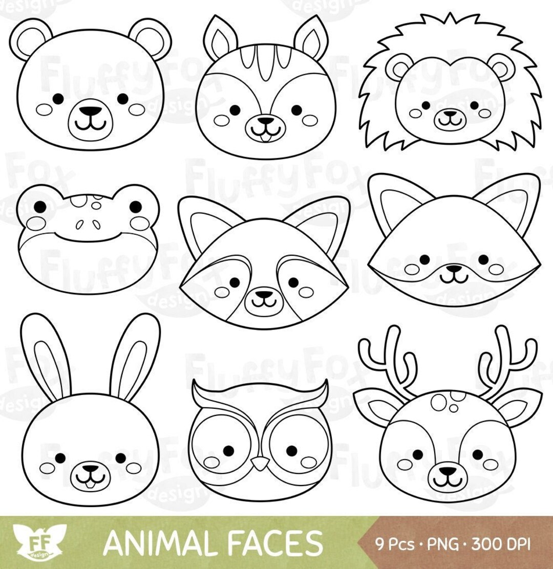 Woodland Animal Faces Digital Stamp, Forest Animals Heads, Wild Cute ...