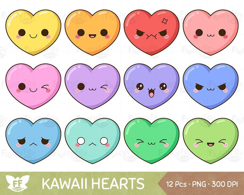 Kawaii Heart Clipart Cute Hearts Clip Art Valentine Love | Etsy