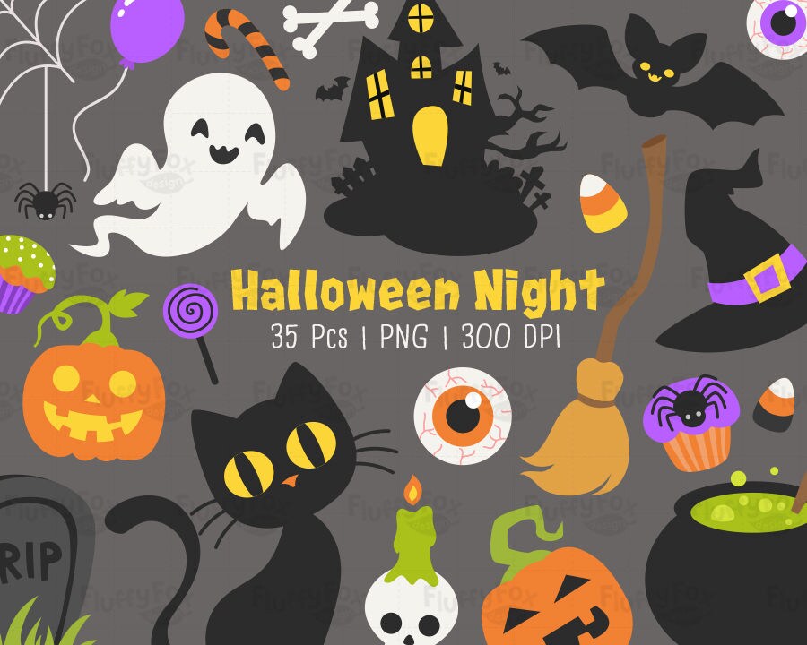 Halloween Night Clipart Spooky Skull Black Cat Candycorn | Etsy