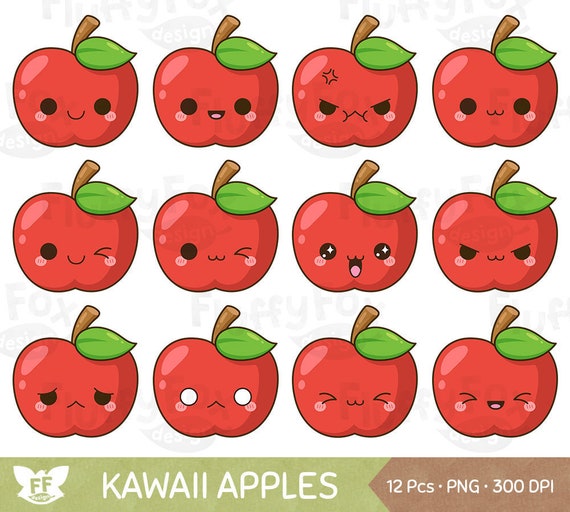 Kawaii Red Apple Clipart Cute Apples Faces Clip Art Fruit - Etsy