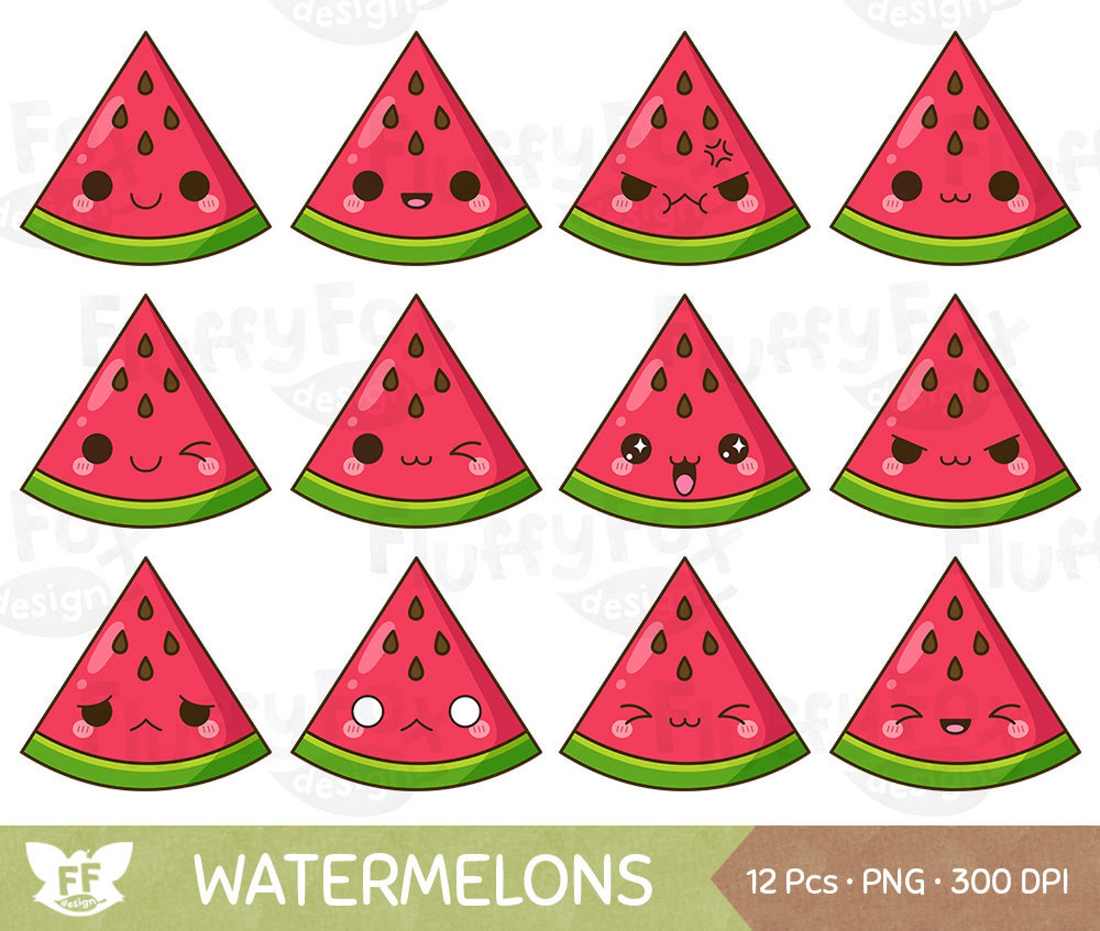 Kawaii Watermelon Slices Clipart Cute Fruit Faces Clip Art | Etsy