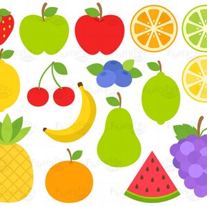 Fruits Clipart, Fruit Clip Art, Grape Banana Pineapple Apple Blueberry ...