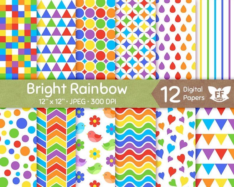 Rainbow Digital Paper, Bright Bold Color Papers, Seamless Pattern ...