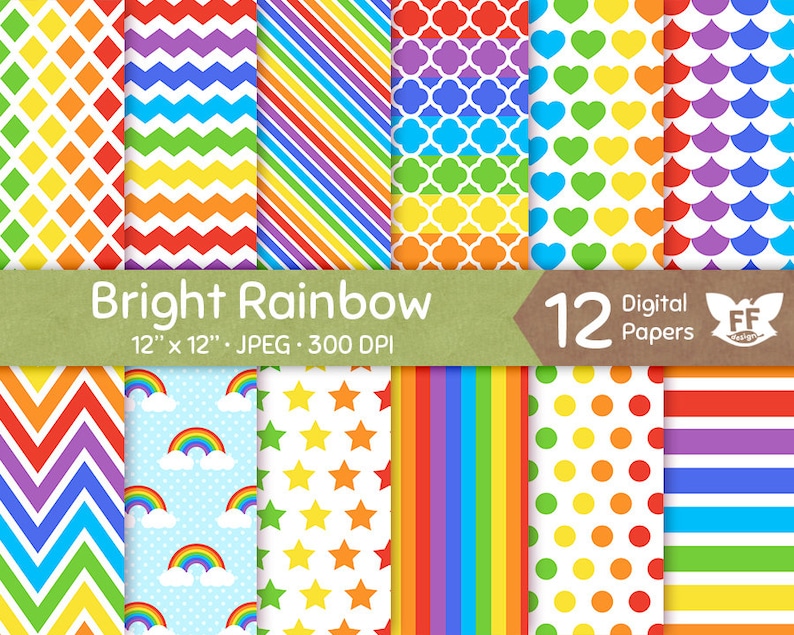 Rainbow Digital Paper, Bright Bold Color Papers, Seamless Pattern ...