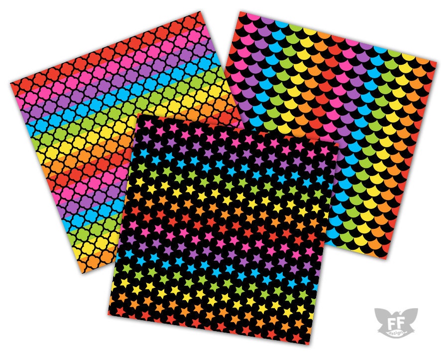 Black Rainbow Digital Paper, Bright Bold Color Papers, Seamless Pattern ...