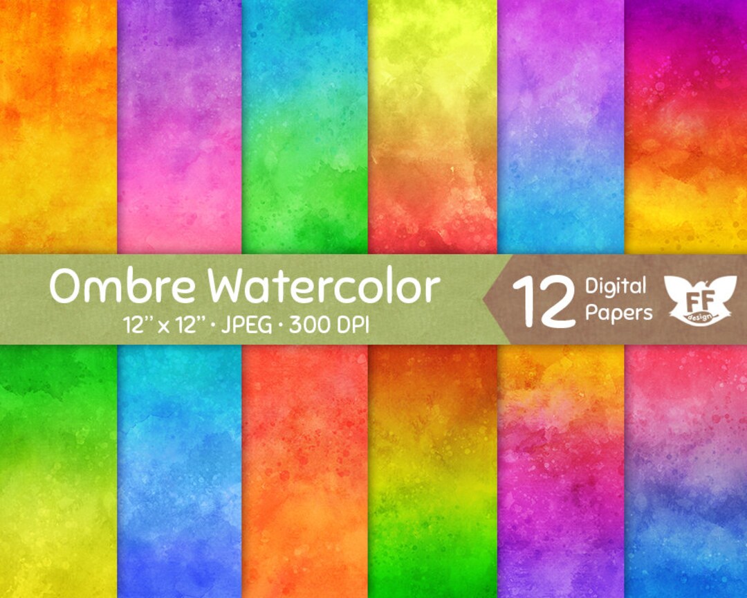 Vivid Ombre Watercolor Digital Paper, Bright Color Rainbow Painted ...