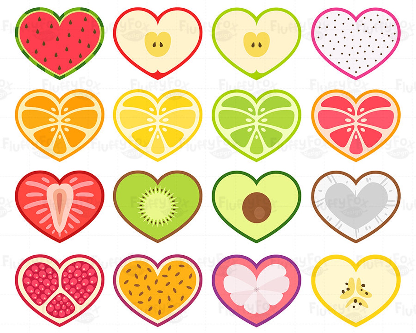 Fruit Hearts Clipart, Heart Fruits Clip Art, Kiwi Banana Strawberry ...
