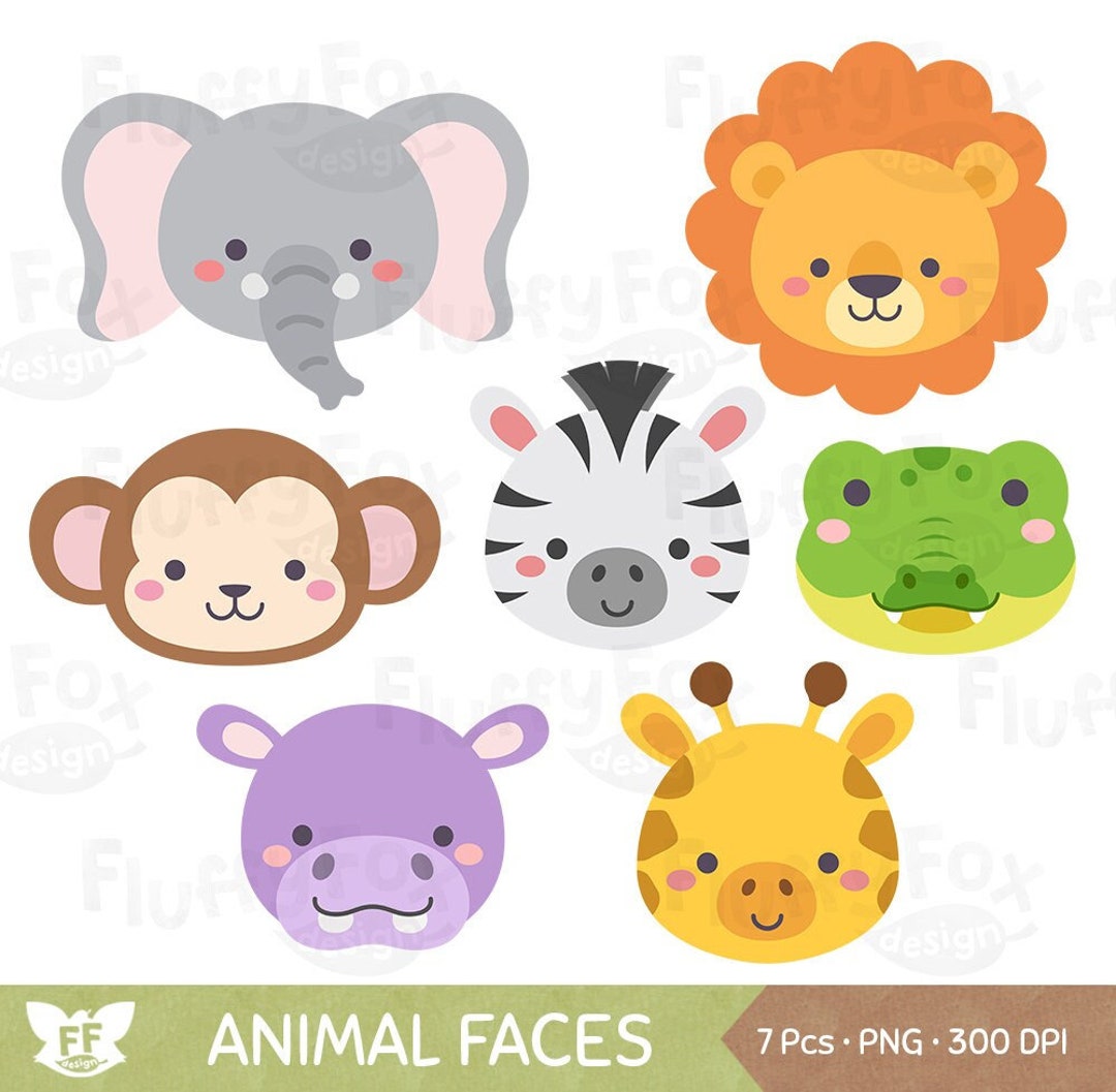 Safari Animals Faces Clipart, Wildlife Heads Clip Art, Wild Cute Lion ...